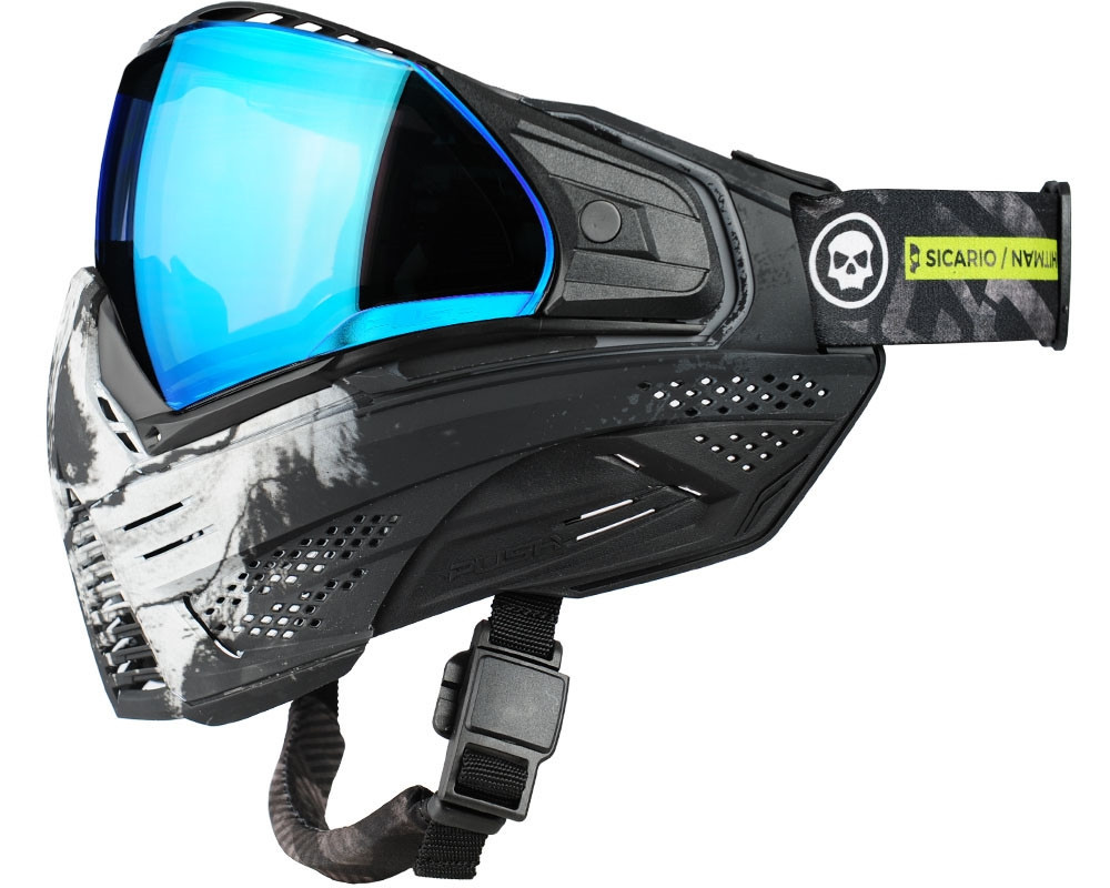 Push Unite Paintball Mask - Infamous Black Skull w/ Chrome Blue Lens