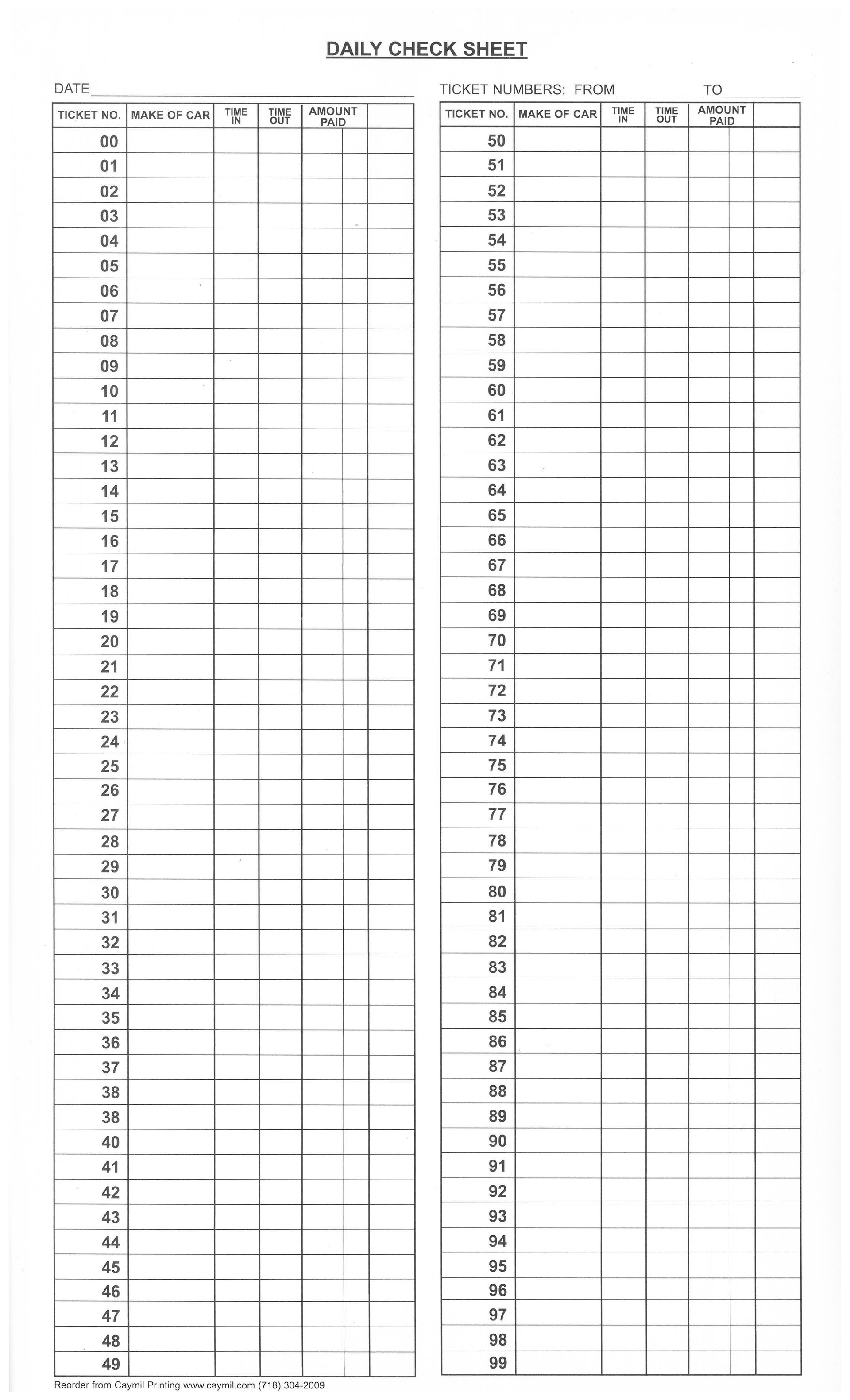 Daily Check Sheets 8 1/2" x 14" Printed 100 sheets per pad