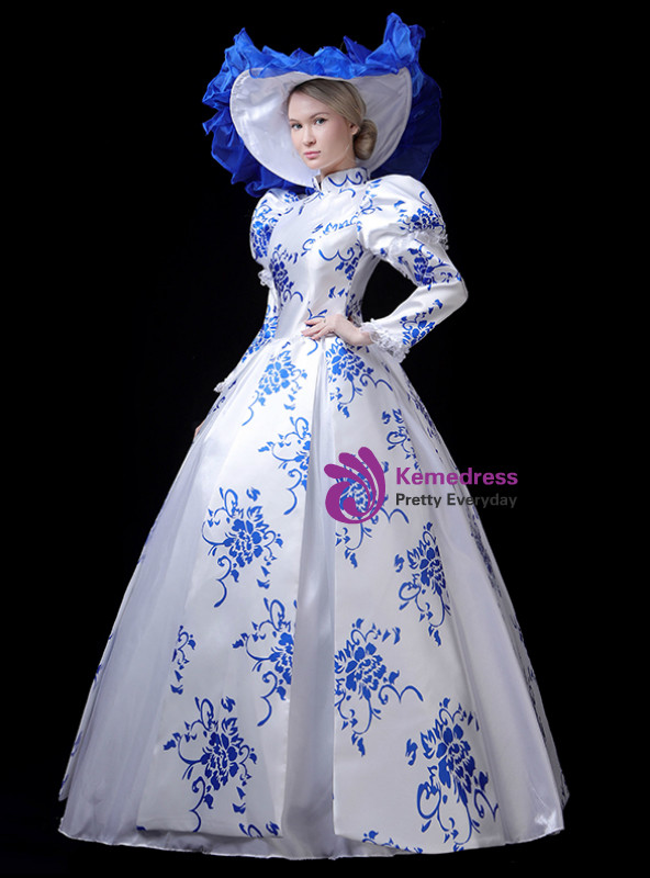 White Blue And White Porcelain High Neck Long Sleeve Vintage Gown Dress