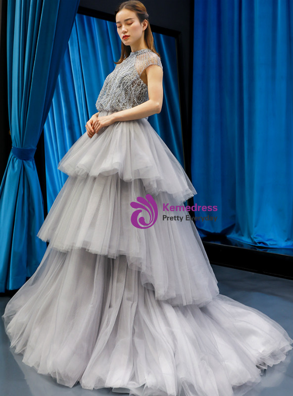 Gray Ball Gown Tulle High Neck Backless Cap Sleeve Prom Dress With Pearls
