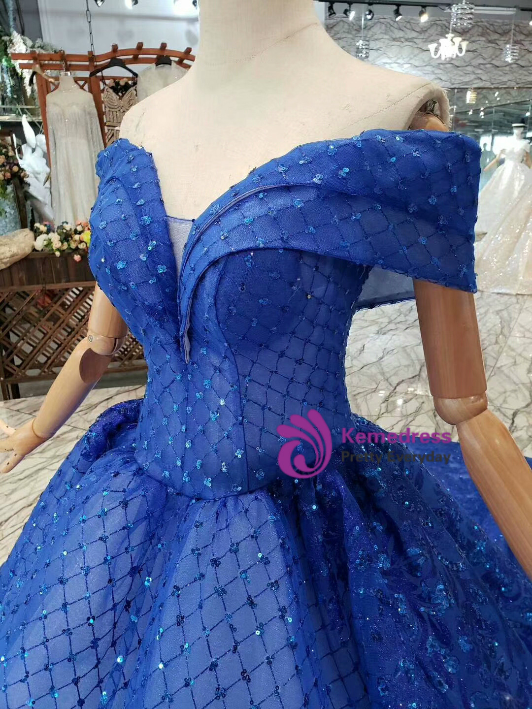 Royal Blue Royal Blue Tulle Sequins Off the Shoulder Appliques Wedding ...