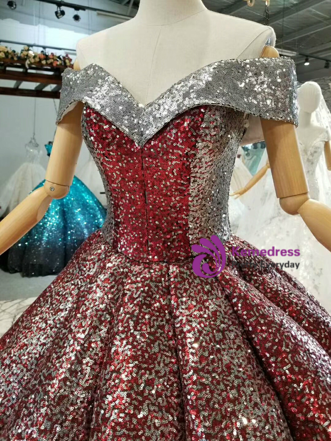 Red Silver Sequins Off the Shoulder Floor Length Luxury Formal Dress