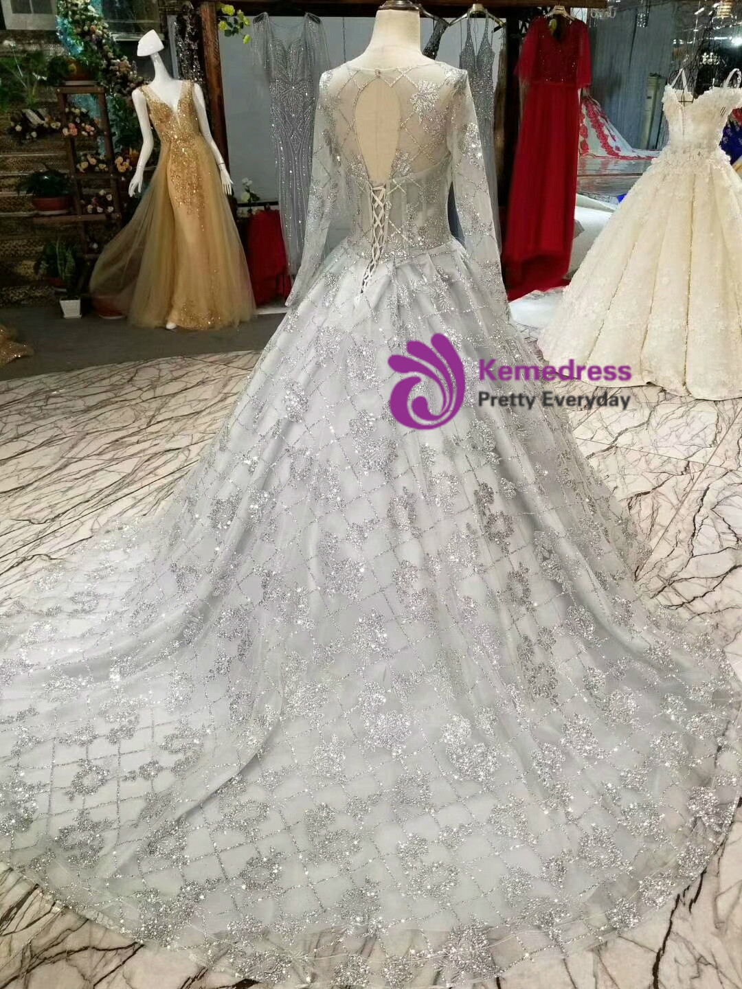 Silver Gray Ball Gown Tulle Sequins Long Sleeve Backless Luxury Wedding ...