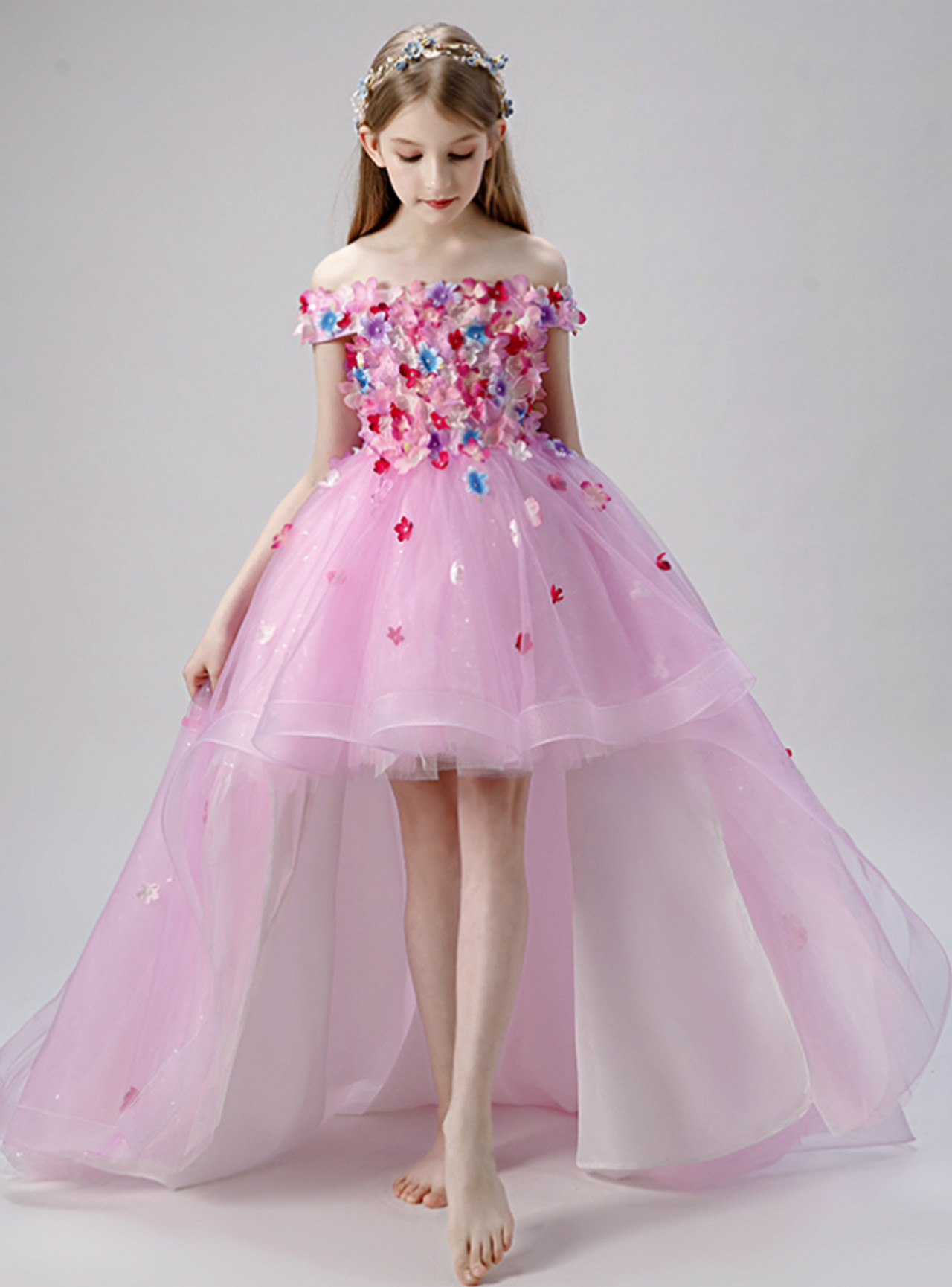 Green Hi Lo Tulle Appliques Off the Shoulder Flower Girl Dress