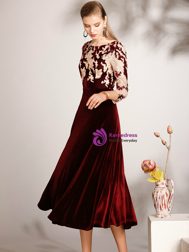 Purchase Your Favorite A-Line Burgundy Velvet 3/4 Sleeve Mother Of The ...