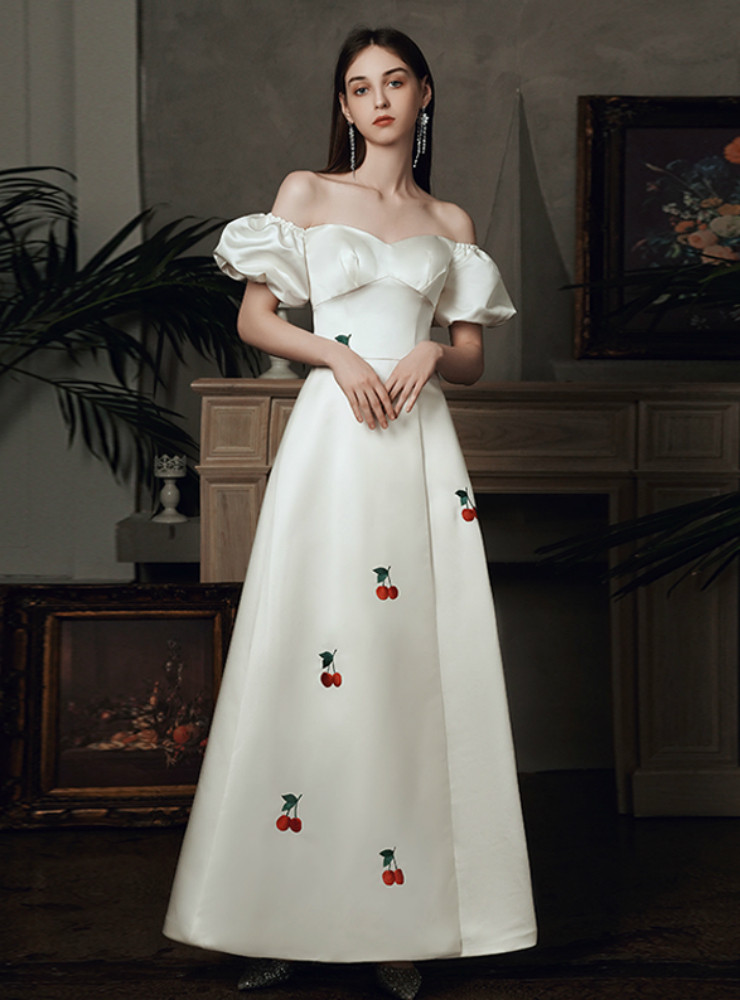 White Satin Off the Shoulder Puff Sleeve Pleats Wedding Dress
