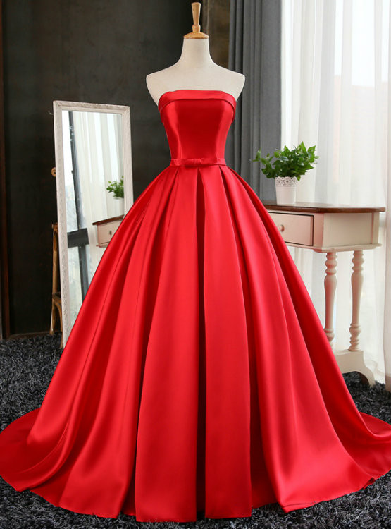 Red Ball Gown Long Satin Pleats Floor Length Party Gowns