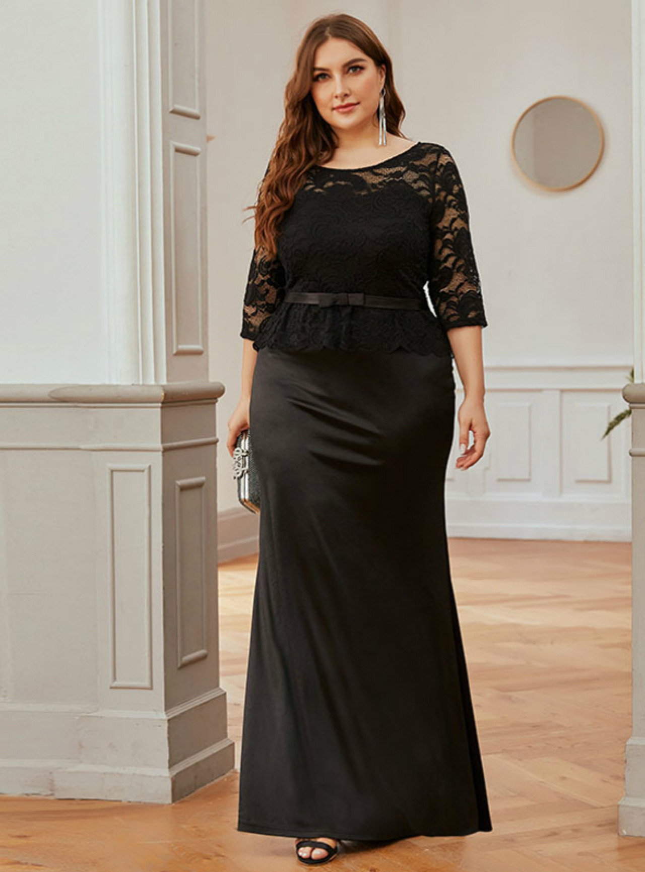 Affordable Black Mermaid Satin Lace Long Sleeve Plus Size Prom Dress