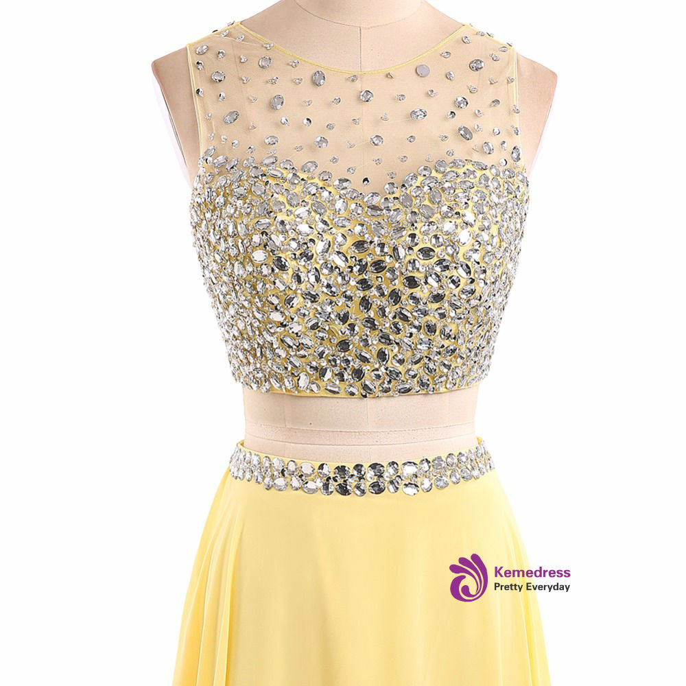 Custom Sexy Yellow Sequins Beaded 2 Piece Prom Dresses Scoop Long