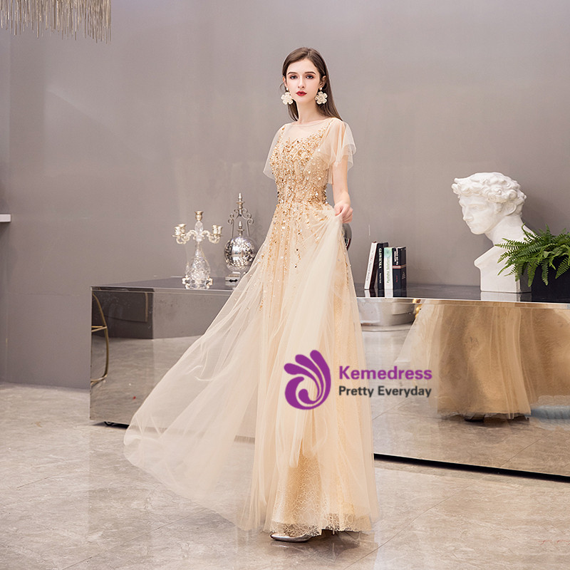 Gold Tulle Short Sleeve Beading Sequins Formal Prom Dress