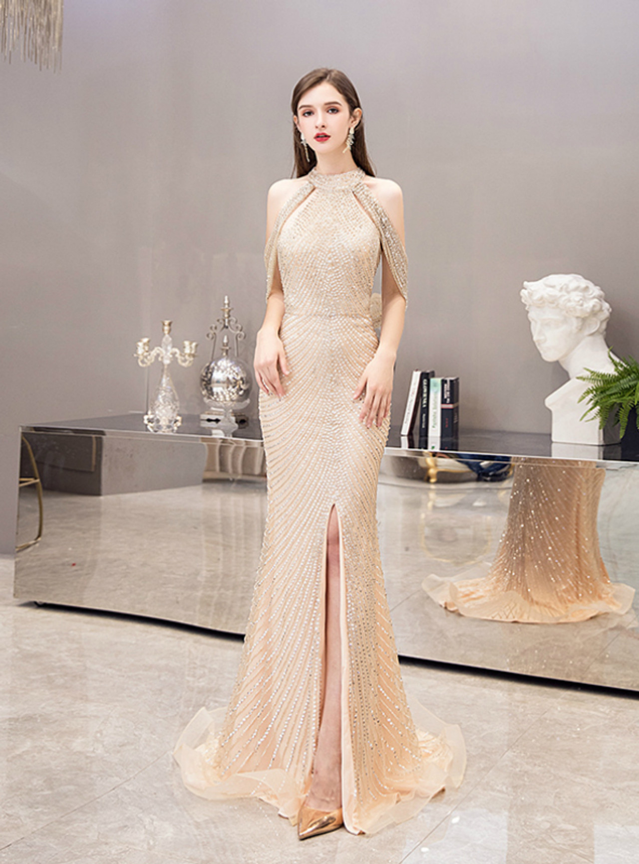 Gold Mermaid Halter Backless Beading Sequins Prom Dress