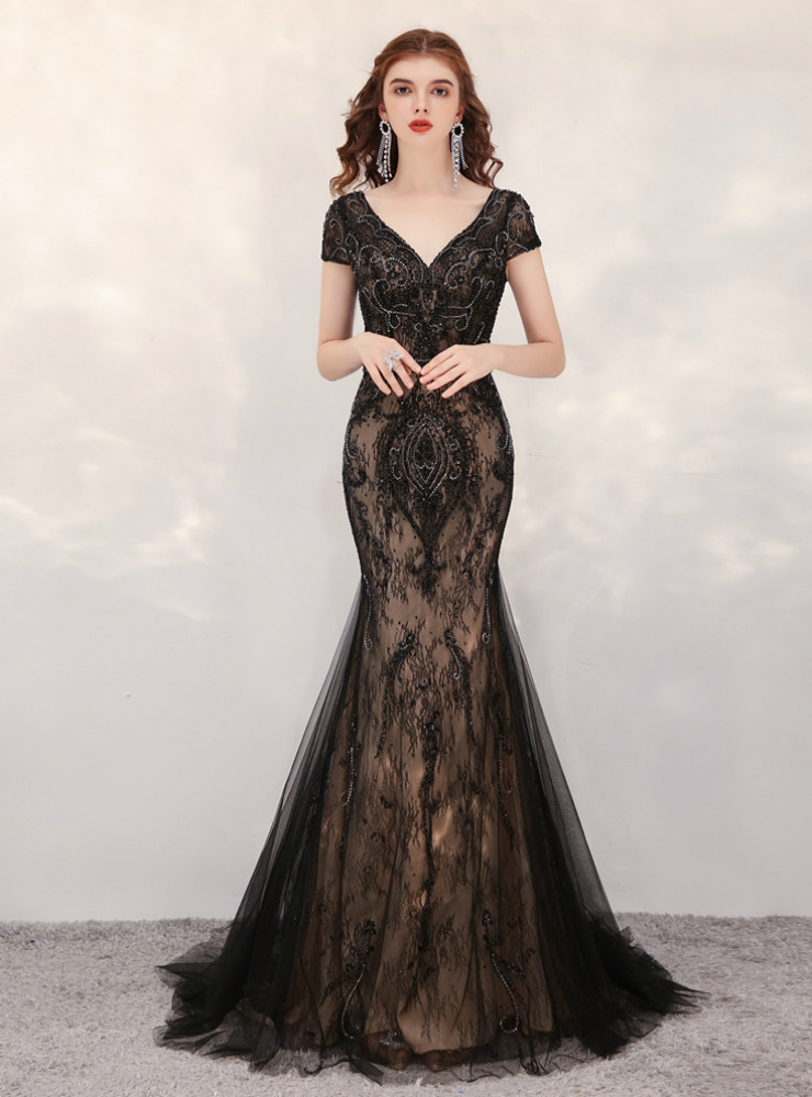 Lotus Color Mermaid Tulle Cap Sleeve Beading Prom Dress