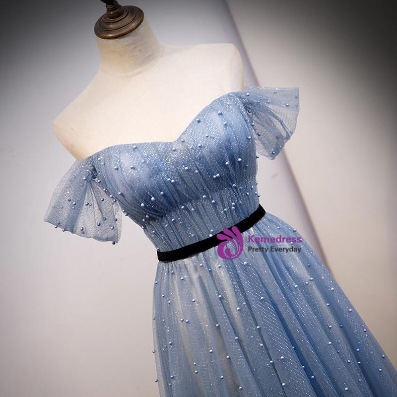 Blue Tulle Sequins Pearls Pleats Prom Dress