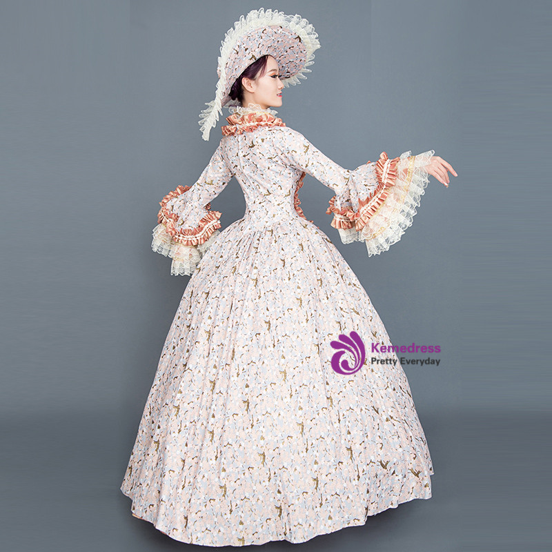 Orange Satin Print Long SLeeve Rococo Baroque Dress