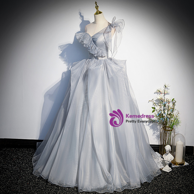 Fashion Gray Organza One Shoulder Prom Dress