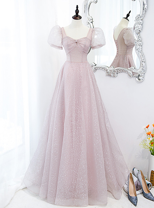 Gold Puff Sleeve Square Sequins Prom Dress