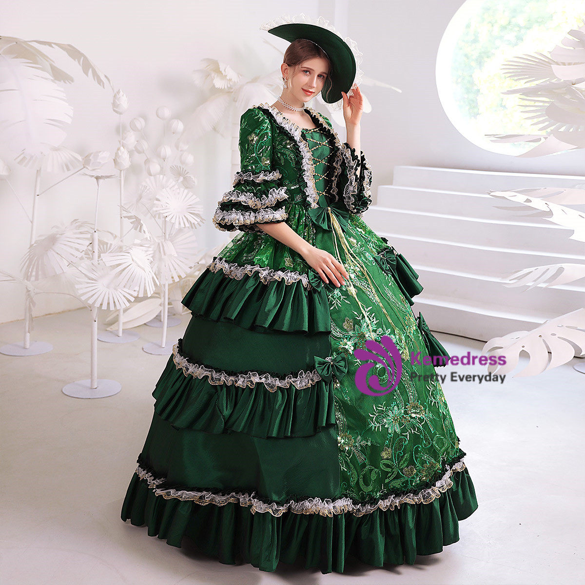 Green Bow Sequins Flower Vintage Rococo Baroque Dress