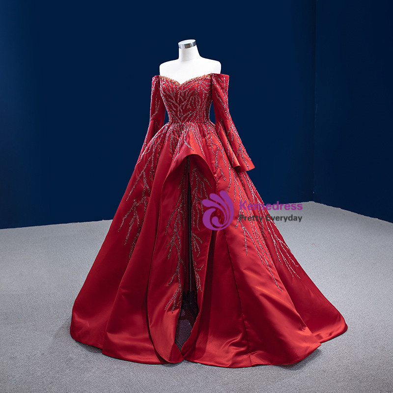 Red Satin Off the Shoulder Beading Split Prom Dress