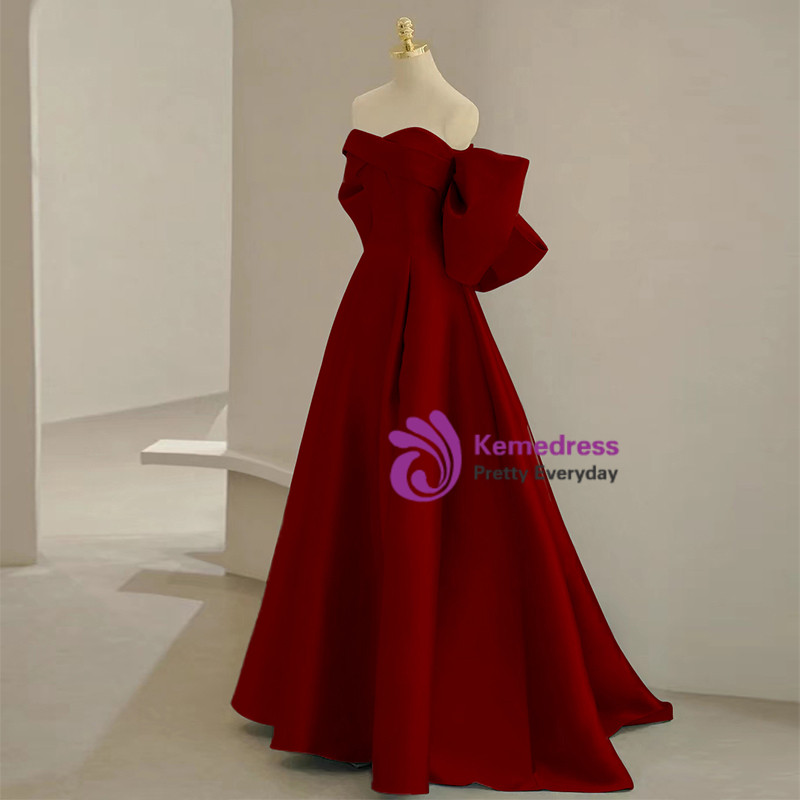 Burgundy Off the Shoulder Bow Prom Dress