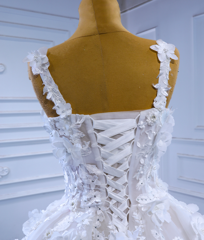 White Tulle Straps 3D Flower Wedding Dress