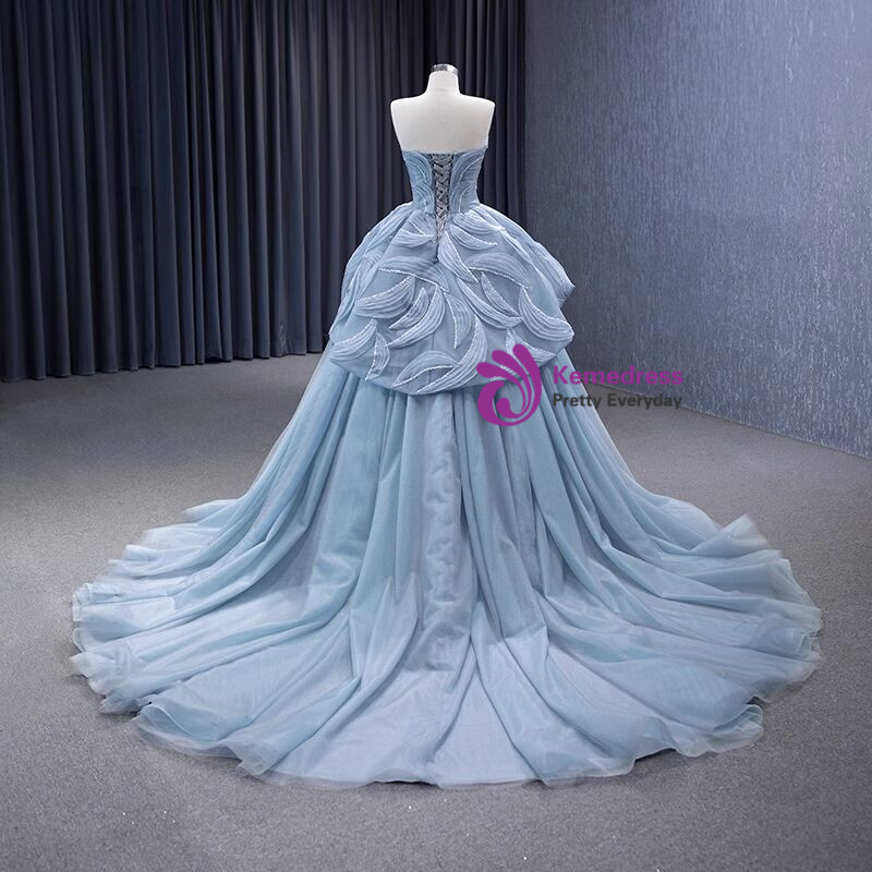 Blue Gray Tulle Sweetheart Pleats Prom Dress