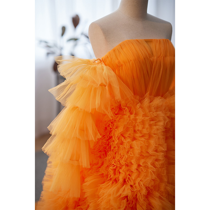 Orange Tulle Hi Lo Strapless Pleats Prom Dress