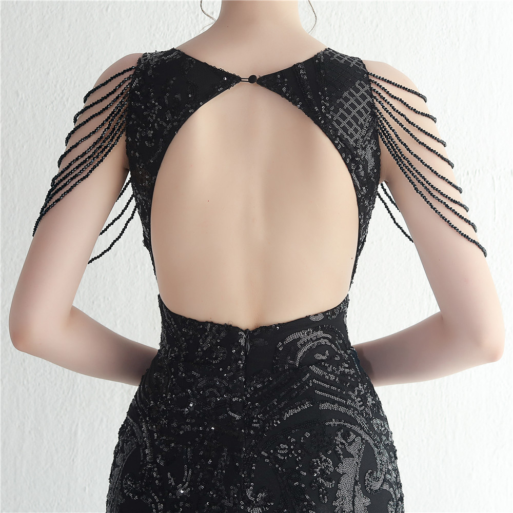 In Stock:Ship in 48 Hours Black Mermaid Open Back Beading Party Dress