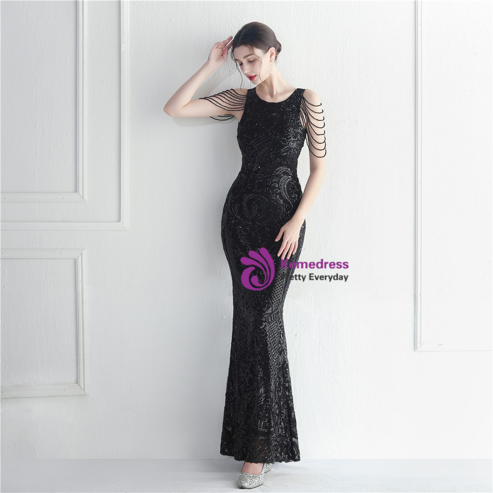 In Stock:Ship in 48 Hours Black Mermaid Open Back Beading Party Dress