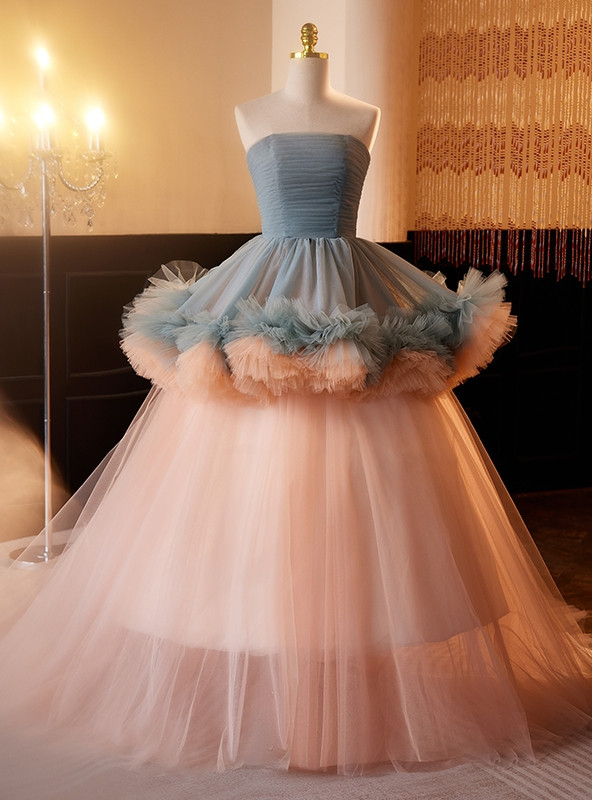 Pink Tulle Strapless Pleats Princess Quinceanera Dress