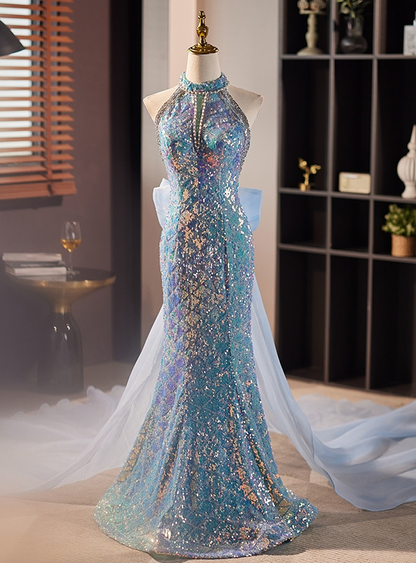 Navy Blue Mermaid Cap Sleeve Beading Sequins Prom Dress