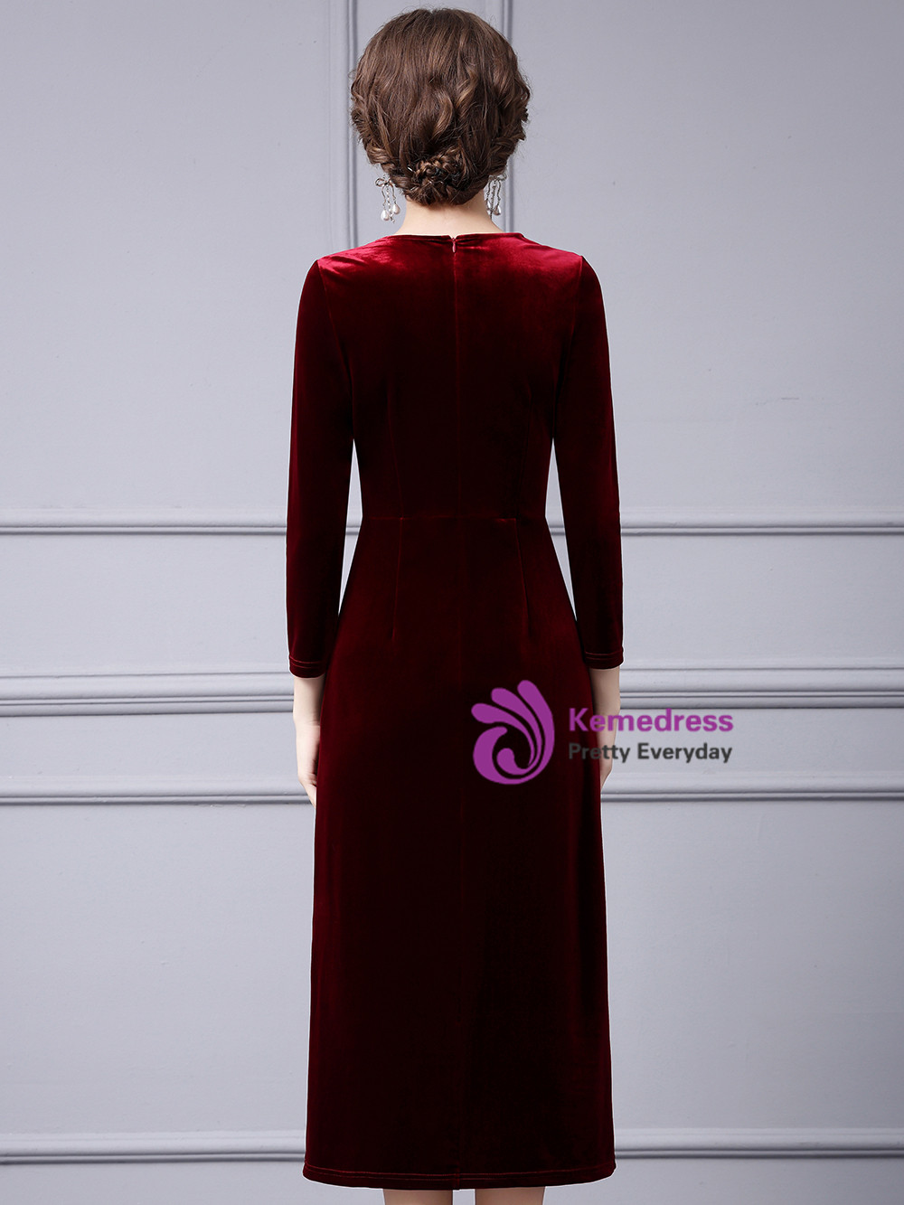 Burgundy Velvet Sequins Pleats Long Sleeve Mother Of The Bride Dress