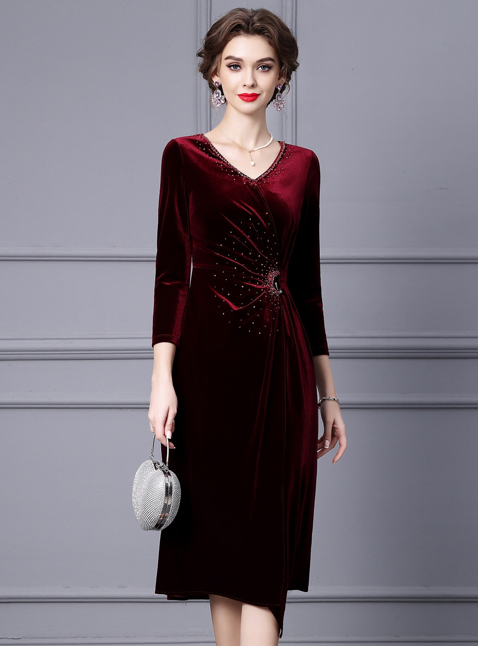 Burgundy Velvet 3/4 Sleeve Beading Mother Of The Bride Dress