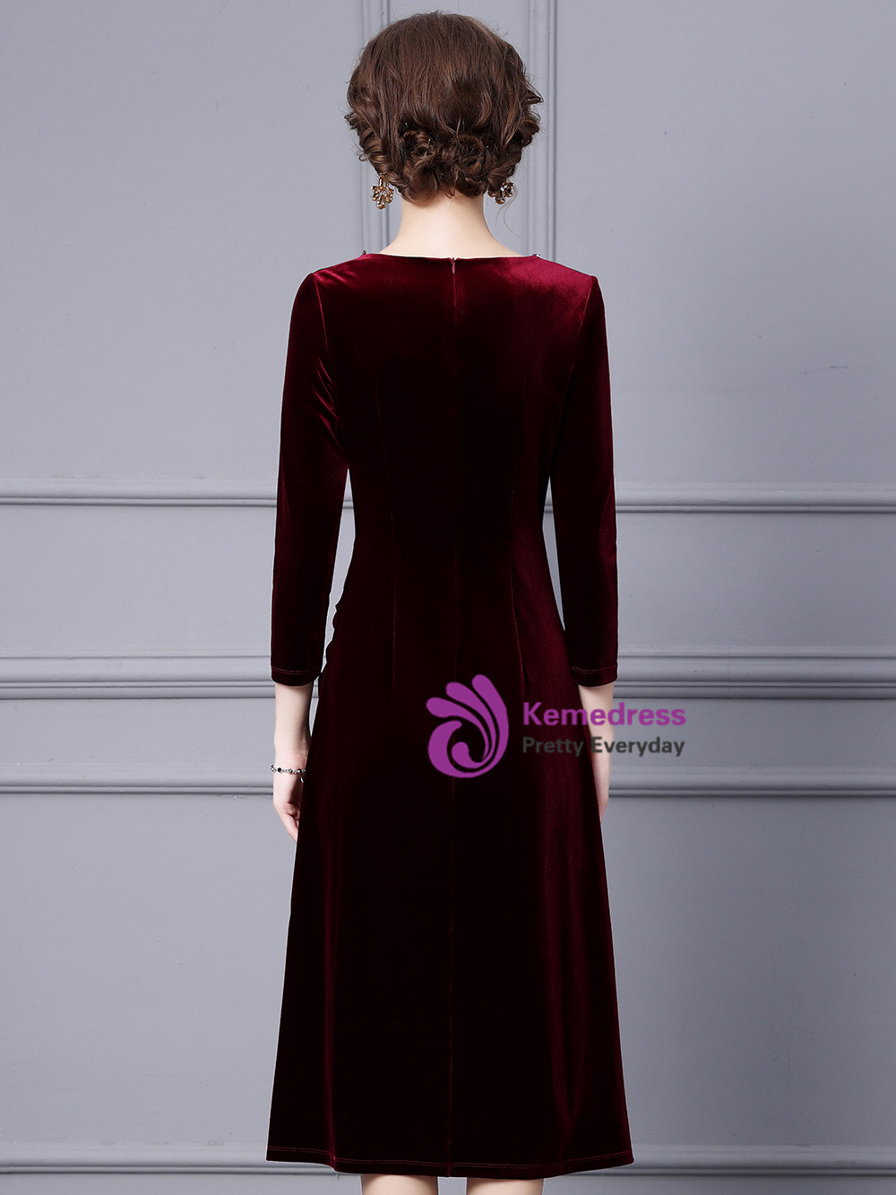 Burgundy Velvet Long Sleeve Beading Pleats Mother Of The Bride Dress