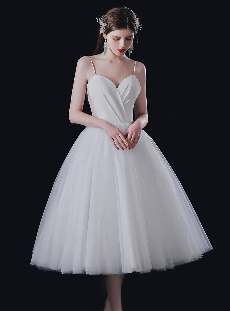 White Satin Spaghetti Straps Tea Length Wedding Dress