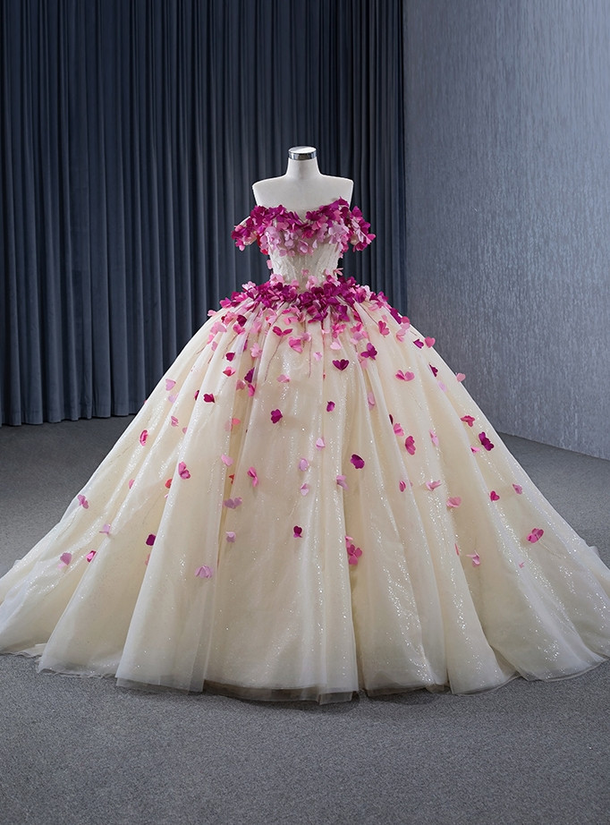 Champagne Green Tulle 3D Flower Prom Dress