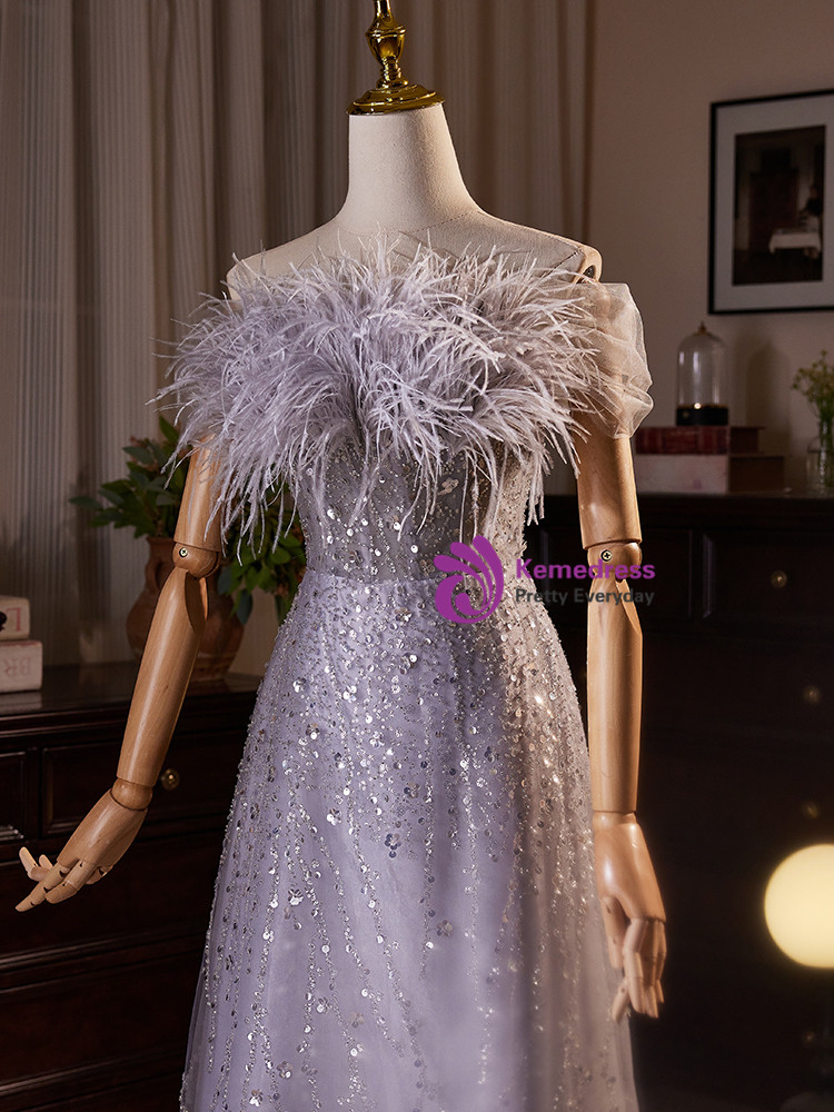 Purple Tulle Sequins Feather Prom Dress
