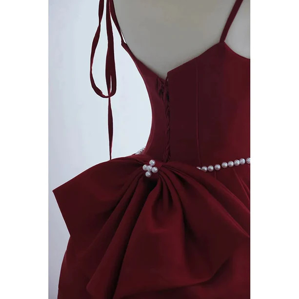 Burgundy Satin Spaghetti Straps Bow Prom Dress