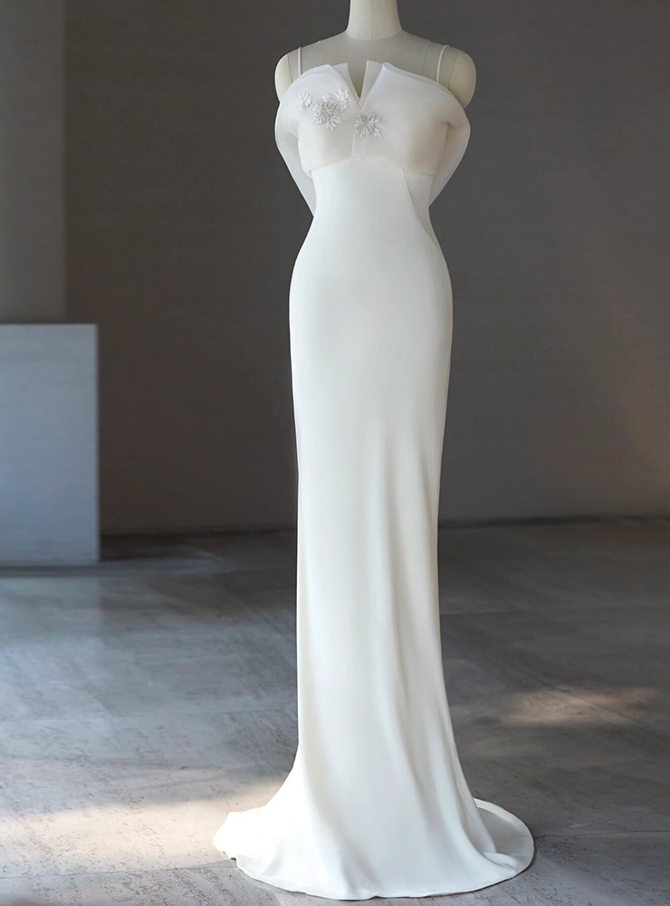 White Mermaid Spaghetti Straps Cross Straps Back Wedding Dress
