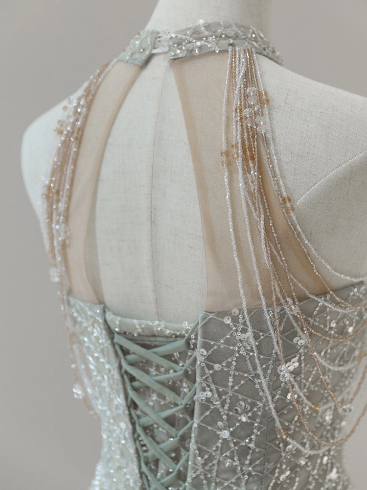 Silver Sequins Halter Beading Prom Dress