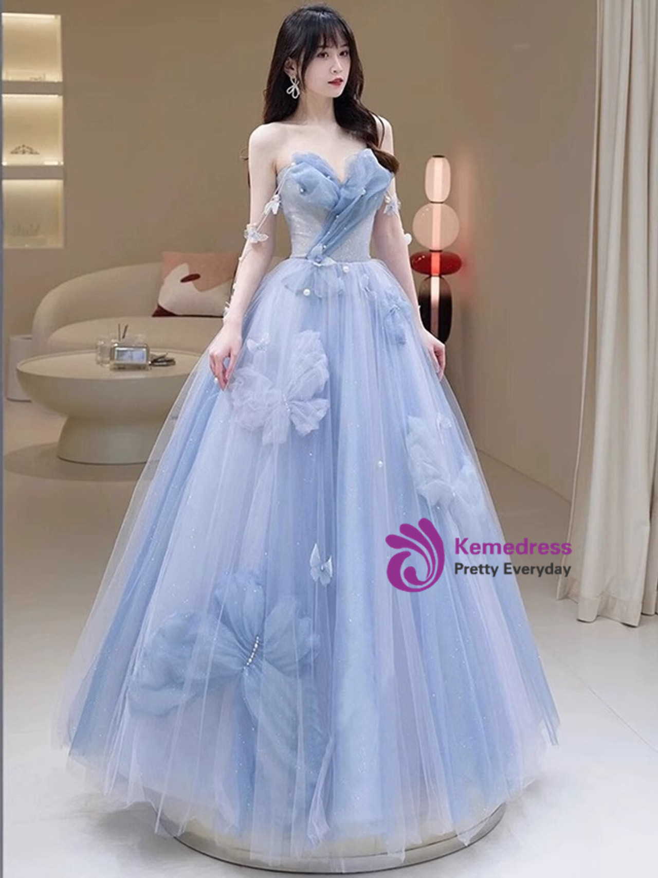 Blue Tulle Off the Shoulder Butterfly Prom Dress