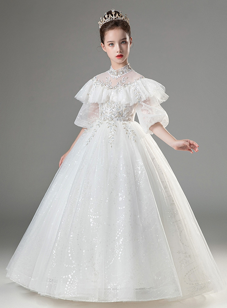 White Tulle Sequins Beading Princess Flower Girl Dress