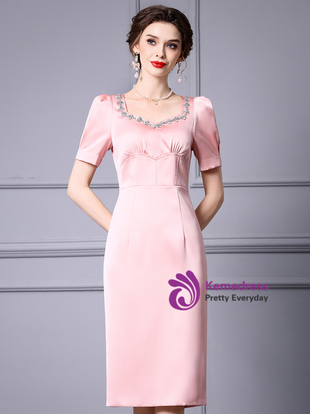 Pink Satin Short Sleeve Beading Mother Of The Bride Dress