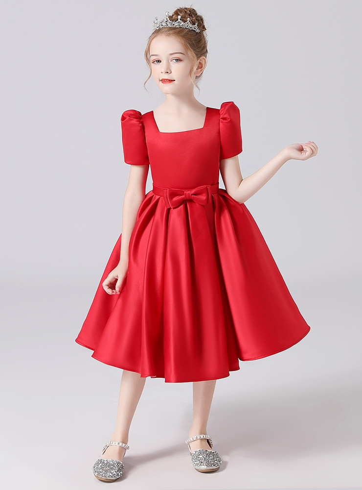 Red Satin Straps Short Tea Length Flower Girl Princess Dress