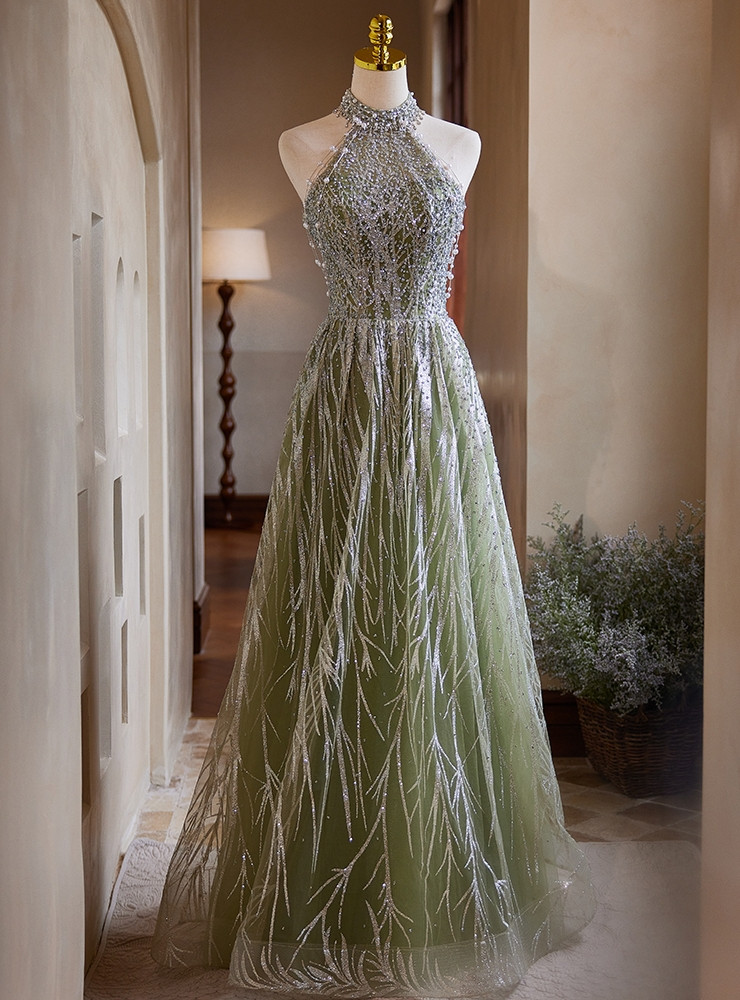 Silver Sequins Halter Beading Prom Dress With Feather Shawl