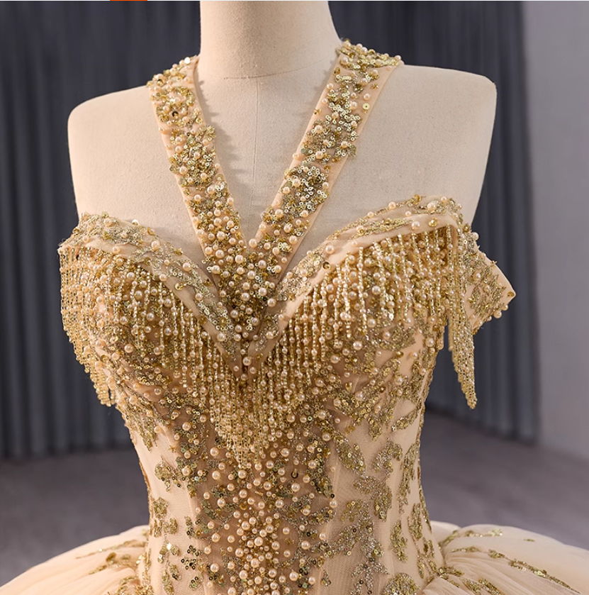 Gold Ball Gown Sequins Halter Pearls Prom Dress