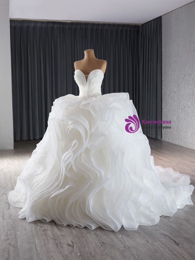 White Tulle Sweetheart Pleats Princess Wedding Dress