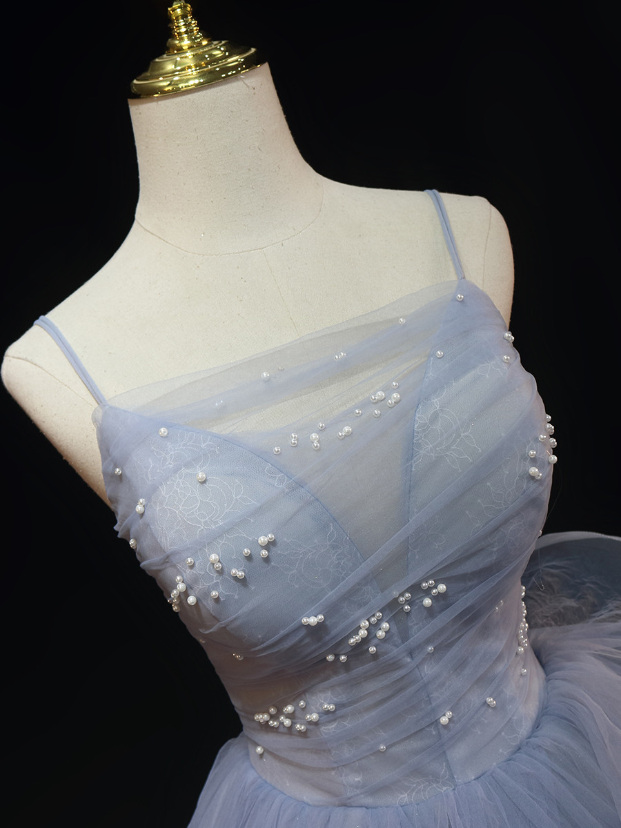 Gray Tulle Spaghetti Straps Pearls Prom Dress