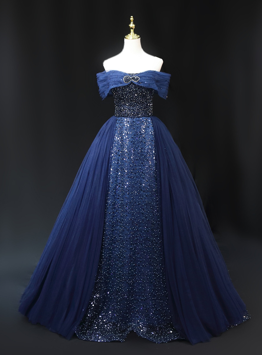 Navy Blue Off the Shoulder Beading Prom Dress