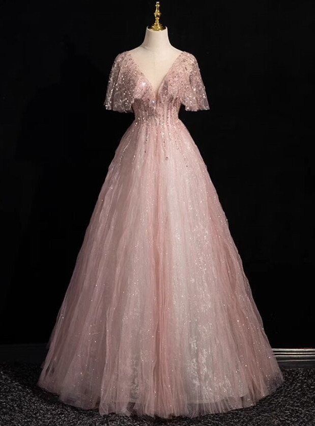 Pink Tulle See Through Neck Appliques Prom Dress