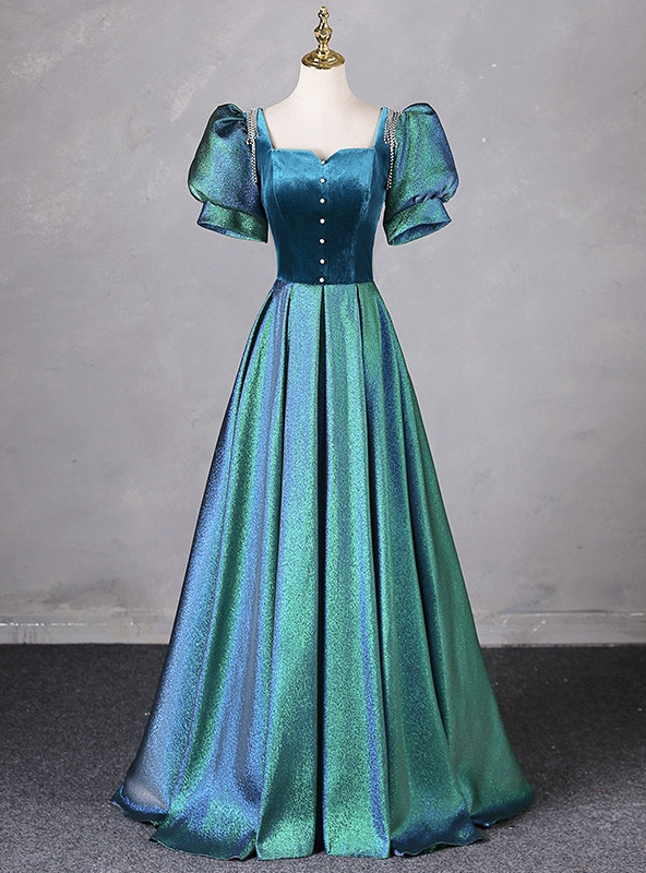 Gold Print Square Neck Puff Sleeve Prom Dress